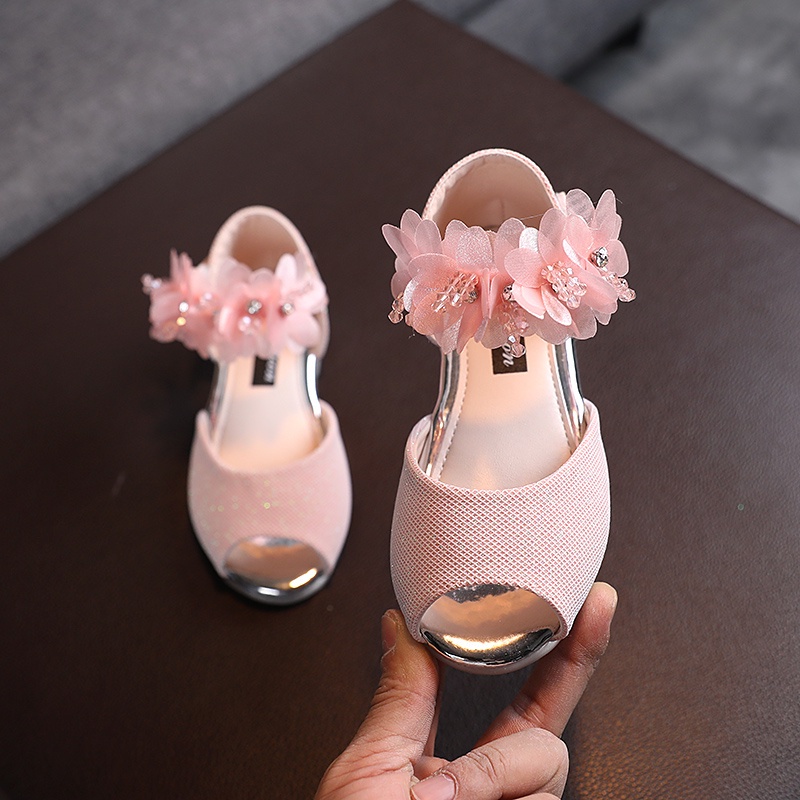 Korean Stylish Girls Peep-toe Sandals Flowers Strap Kids Princess Leather Shoes Soft Sole Anti ...