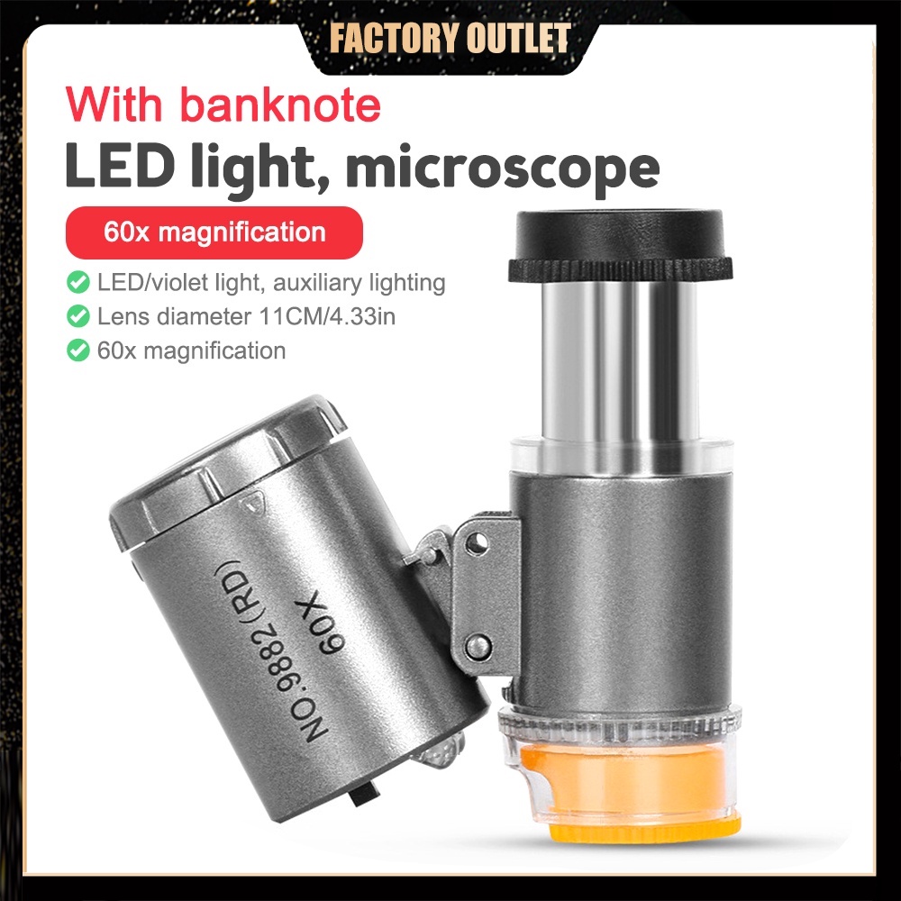 Pocket Microscope 60X Magnifying Glass Jeweller Loupe Magnifier W/ LED ...
