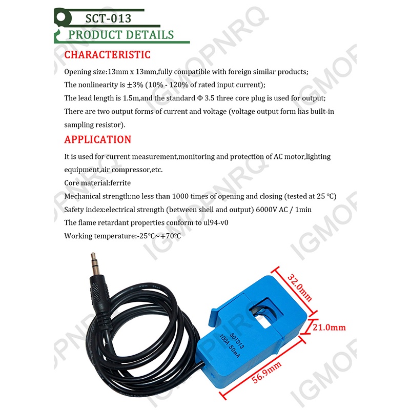 SCT-013-000 10A 20A 30A 50A 60A 100A Non-invasive Split Core Current ...