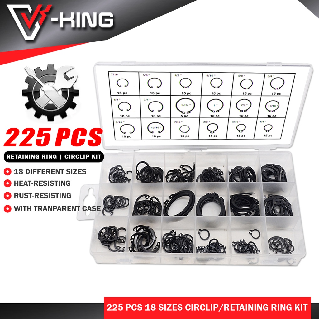 V-KING 225PCS Circlip Set External / Internal Retaining E-type Cir clip ...