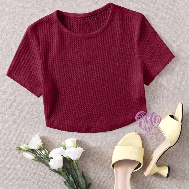 Melody Waffle Knit Basic Tee Crop Top for Women 11303# | Shopee Philippines
