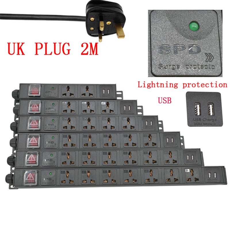 PDU Power Distribution Unit 2-16AC Ways UK 3 pin Power niversal Socket 2M Extended wire with usb ...