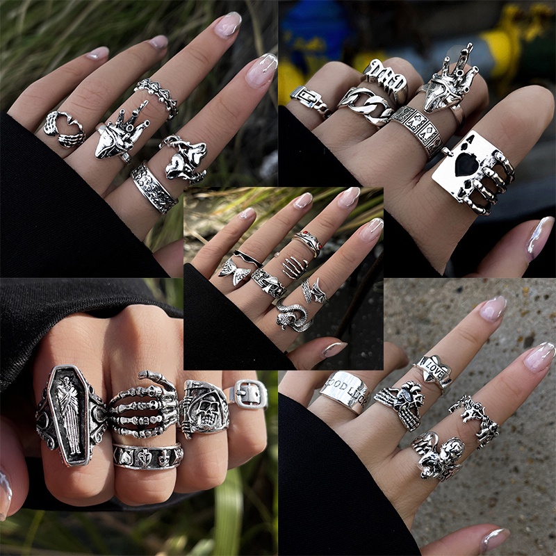 Gothic Silver Color Skull Heart Rings Set for Women Fashion Punk ...