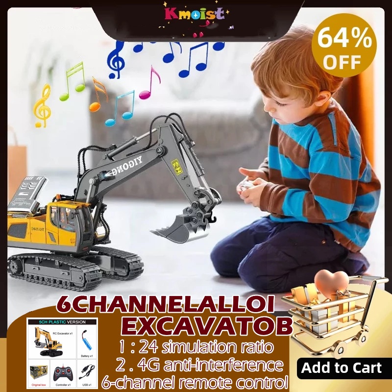 COD 6CH Alloy Remote Control Excavator 1:24 Rechargeable Rc Engineering ...