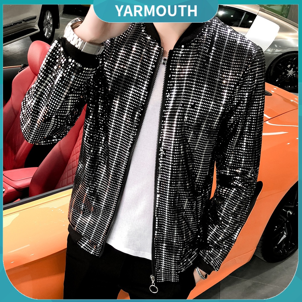 yyr--Men Shiny Sequins Long Sleeve Zip Pocket Nightclub Singer Jacket ...
