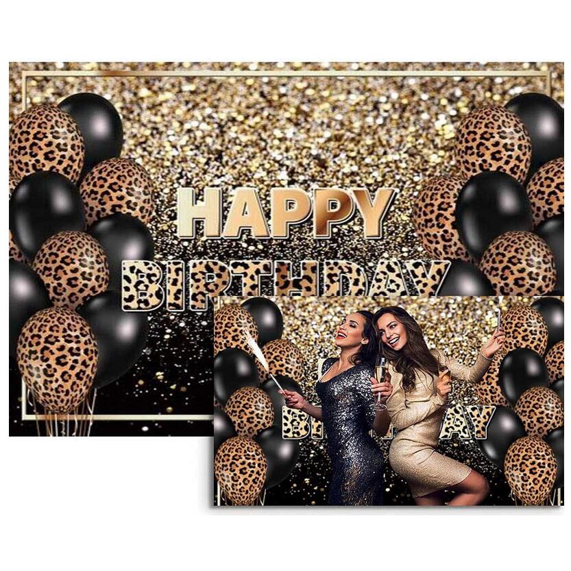 Happy Birthday Party Backdrop Black and Gold Glitter Bokeh Leopard Photography Background 30th ...