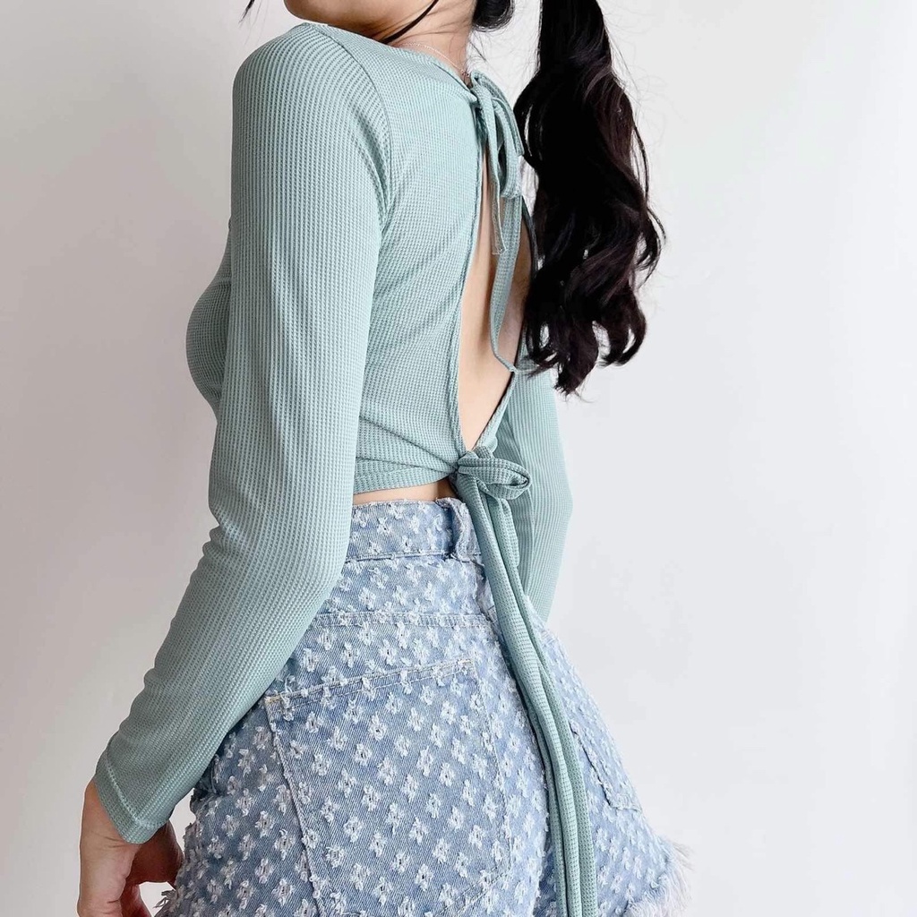 Angelcity Backless Open Crop Top Long Sleeve Bow Tie Blouse Look ...