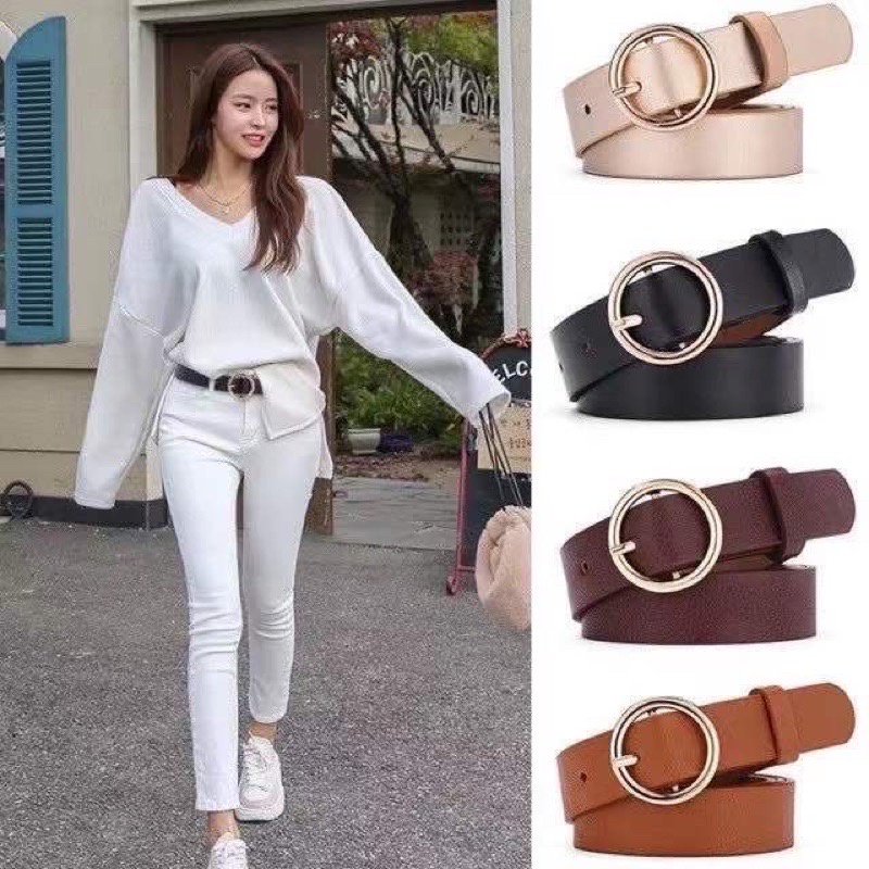 Women Vintage Belts Metal Boho Leather Round Buckle Waist Belt | Shopee ...