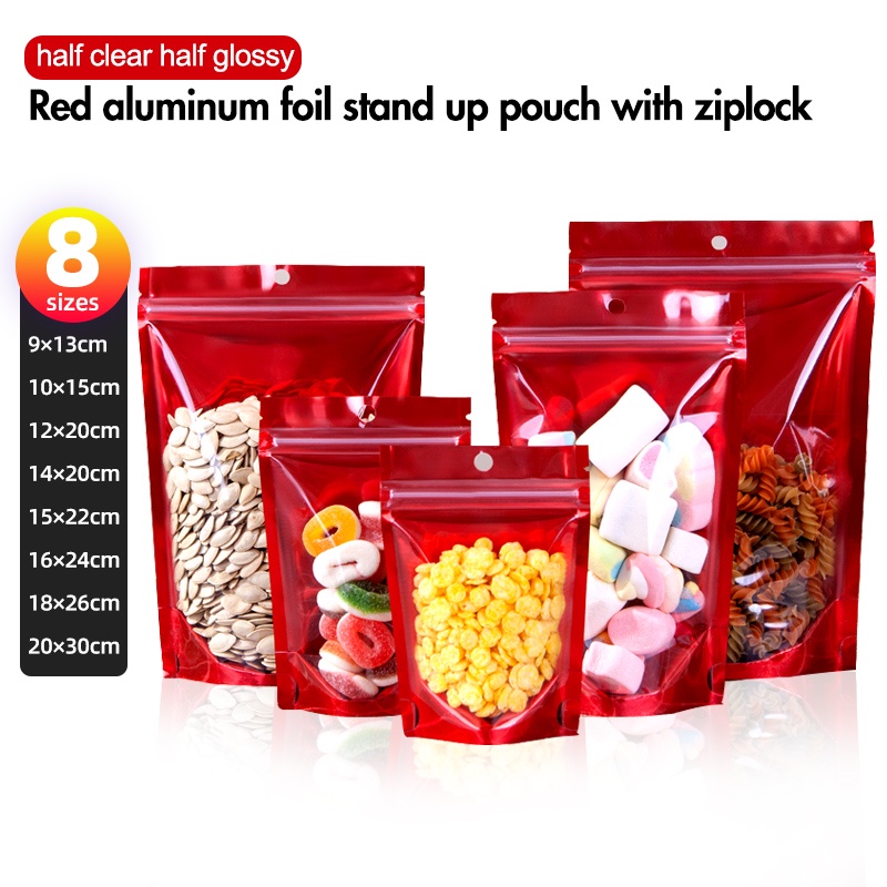 100pcs Half Red Aluminum Half Clear Stand Up Pouch Resealable Packaging ...