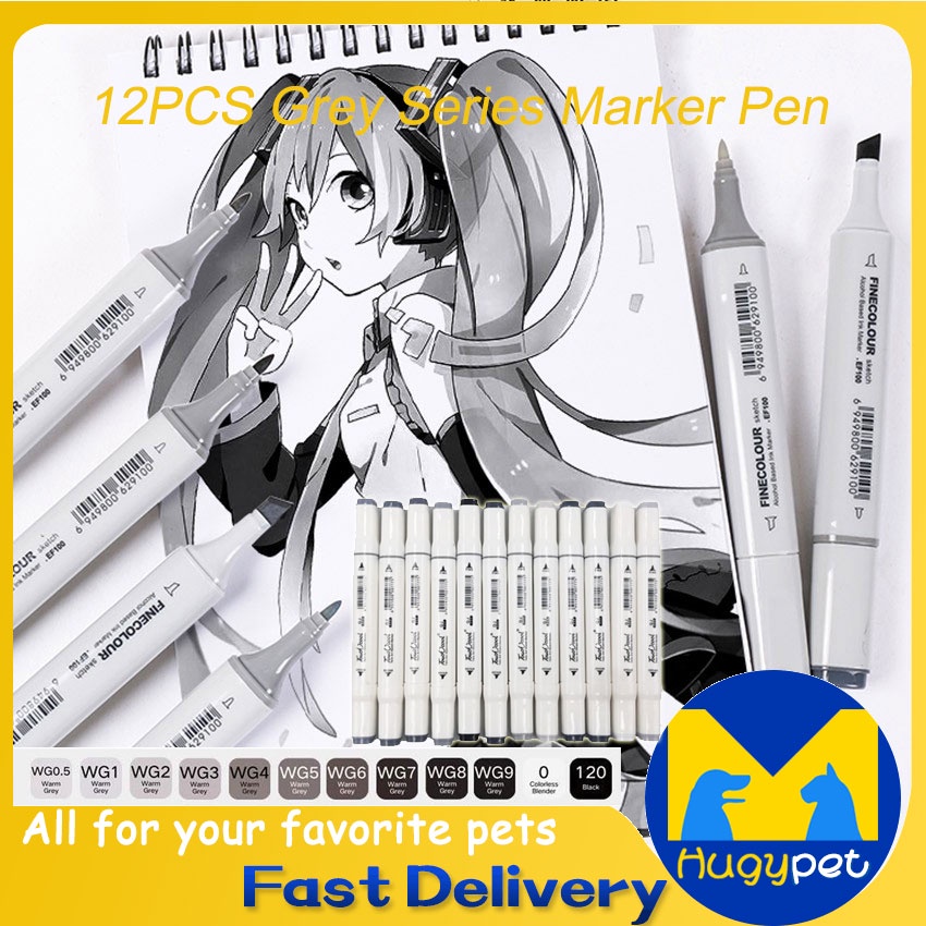 12 Colors Grayscale Art Marker Pen Grey Series Double Ended Sketch ...