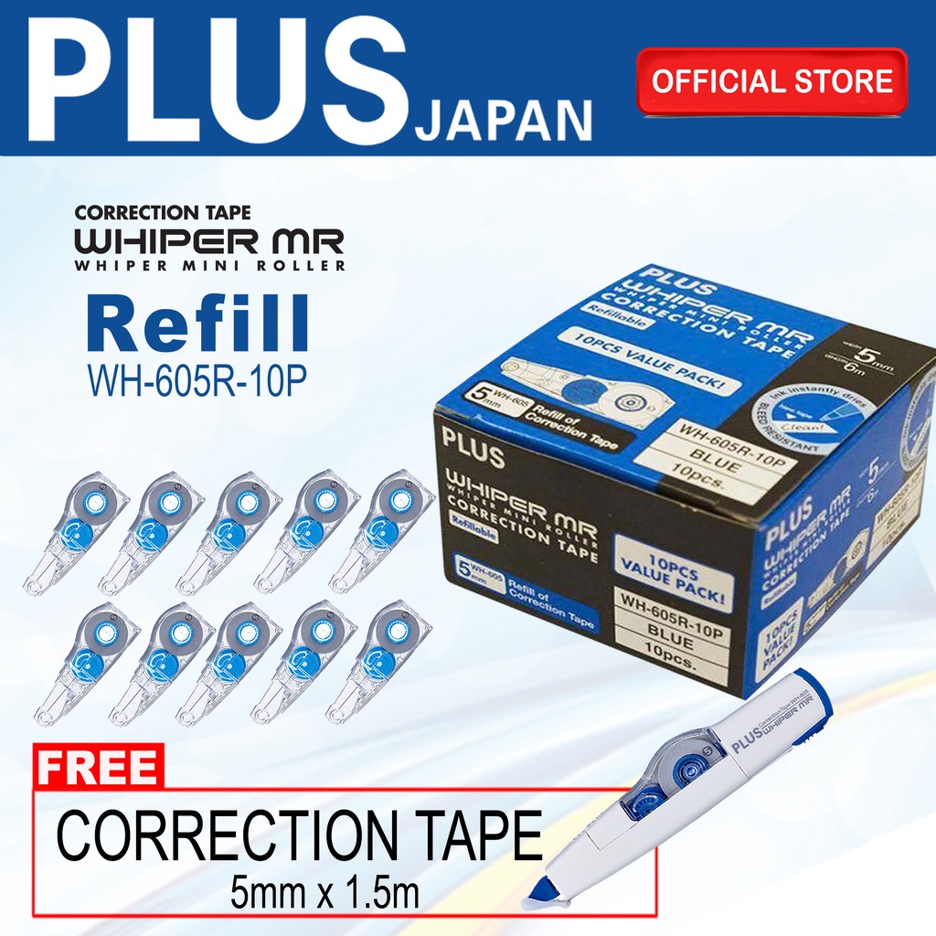 PLUS Correction Tape Refill 5MM X 6M MR WH-605R 10P Whiper-10 PCS Refill + 1Pc Plus Correction ...