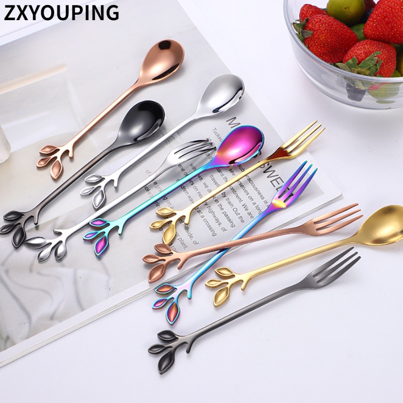 Mini Creative Design Leaf Colored Cartoon Teaspoon Stainless Steel ...