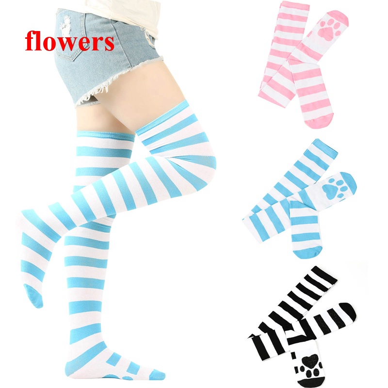 Flowers Lolita Over Knee Socks Strip Cat Paw Print Stockings Lolita ...