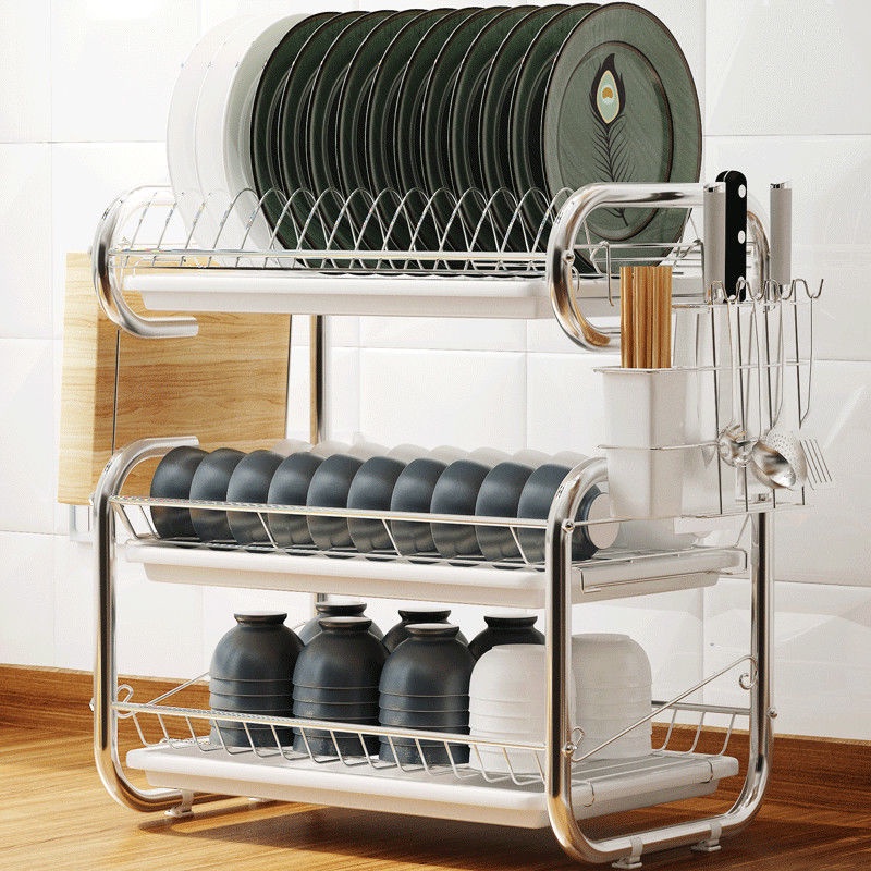 [Spot]3-Layer Stainless Steel Dish Rack Kitchen Storage Rack Drain Rack ...