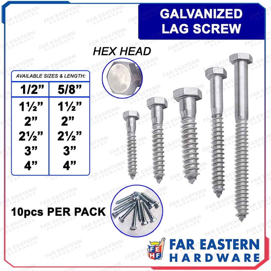 Galvanized Lag Screw Bolt G.I Lagscrew Hex Head 1-1/2” 2” 2-1/2” 3” 4 ...