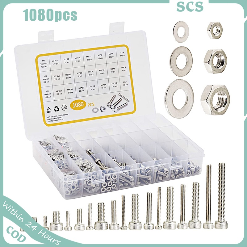 1080PCS M2 M3 M4 Hex Socket Head Cap Screw Assortment Kit 304 Stainless ...