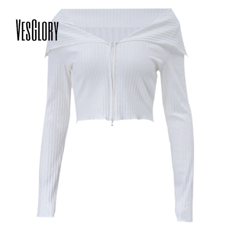 Vesglory Womens V Neck Fashion Sexy Solid Color Zipper Knit Striped Long Sleeve Sweater