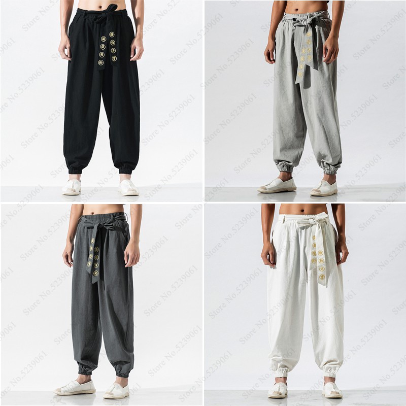 Harajuku Kimono Japanese Costume for Man Wide Leg Pants Casual Bandage Embroiderry Loose Linen ...