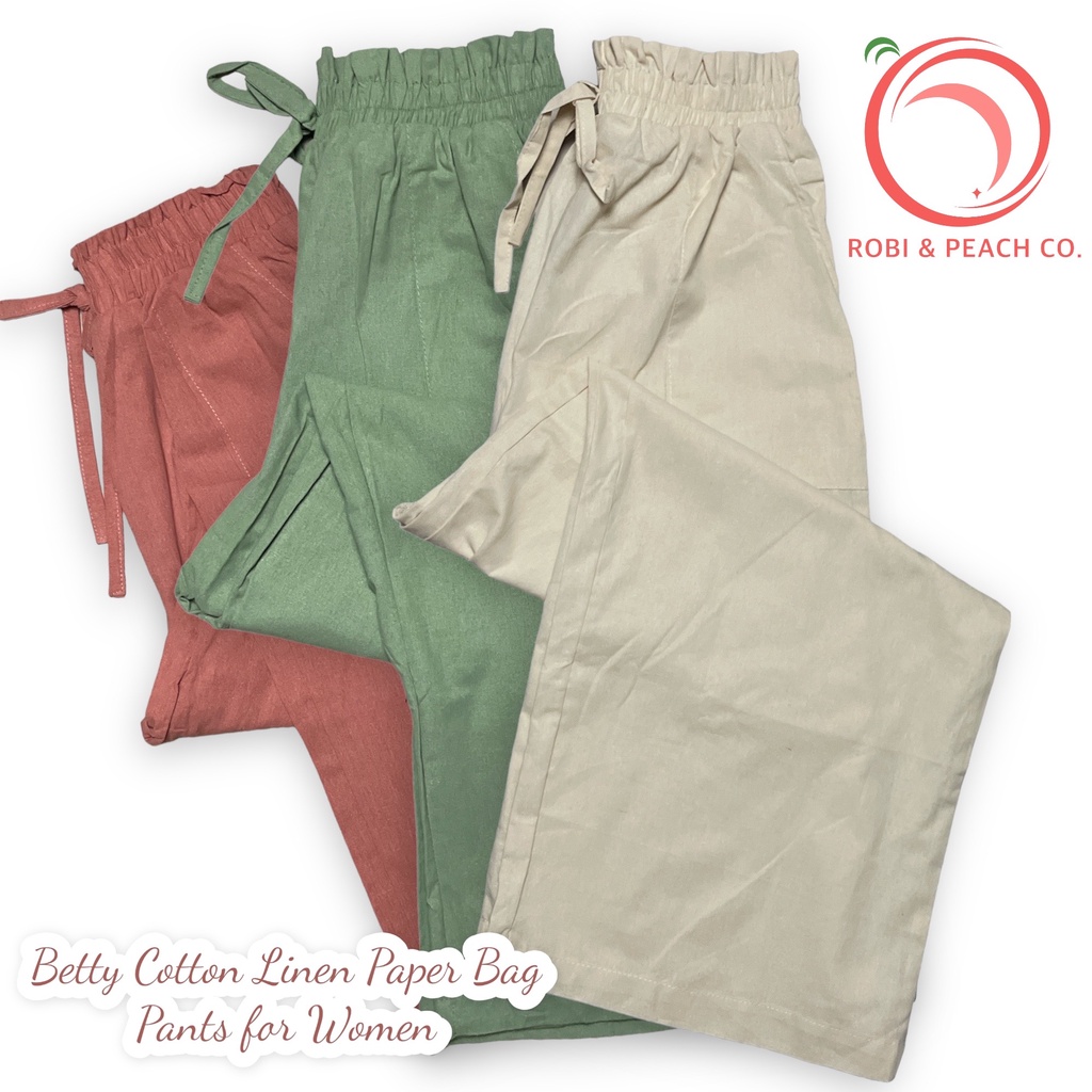 Robi & Peach: Bhetty Paper Bag Cotton Linen High Waist Pants for Women ...