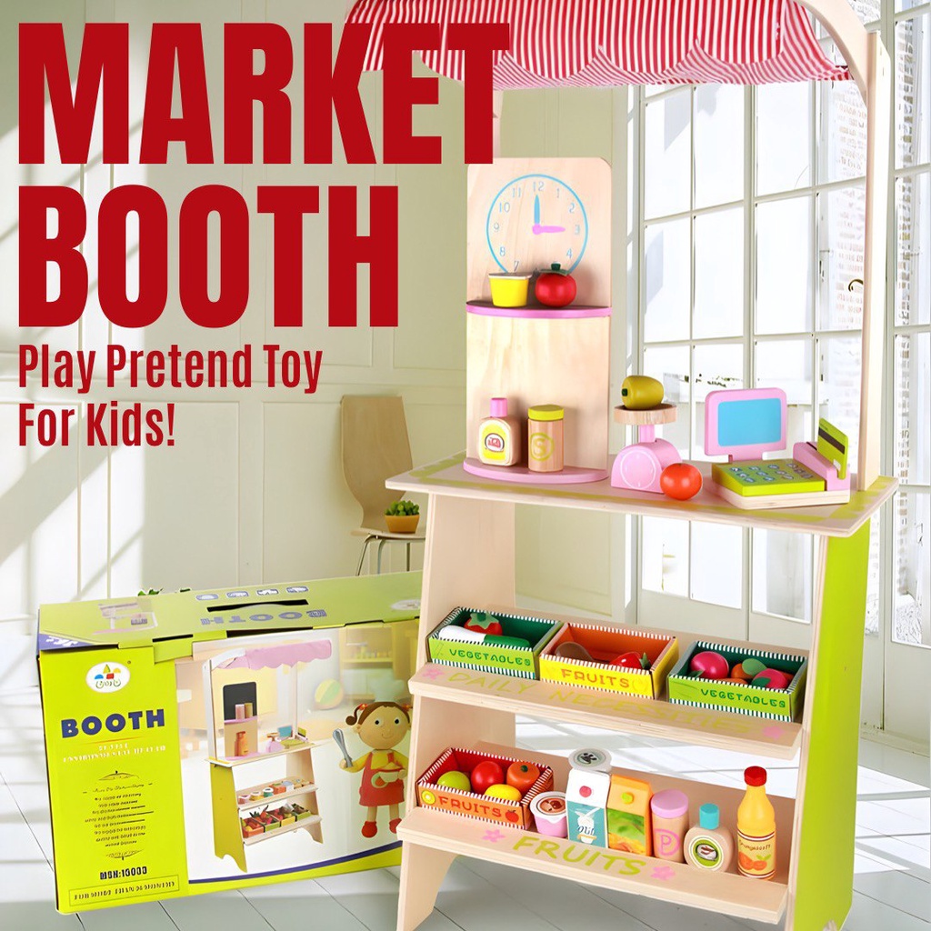 Wooden Market Booth Grocery Store Playset with Cash Register Pretend ...