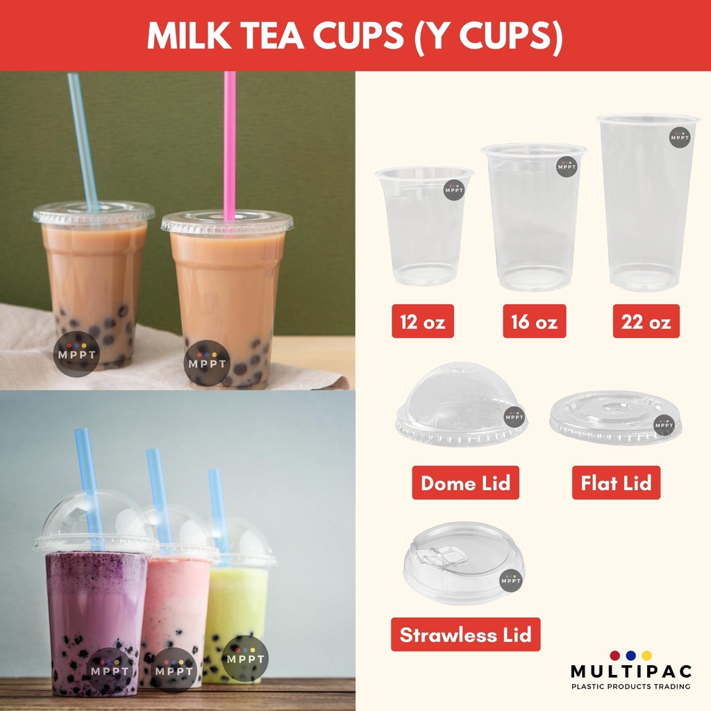 [100 PCS] - Y Cups/Milk Tea Cups, Clear Lids (12 oz, 16 oz, 22 oz, Dome ...