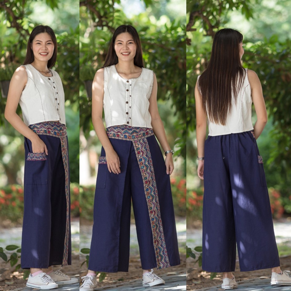 Navy Pan Pants With Chic Pattern Tape | Shopee Philippines