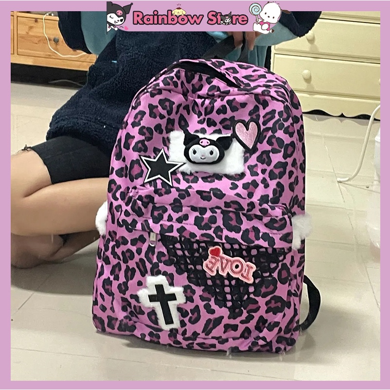 Kuromi Little Devil Purple Leopard Print Backpack Preppy Style Sweet ...