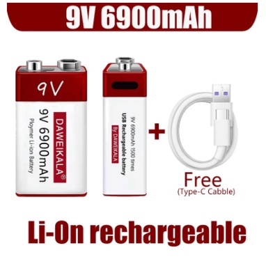 9V Battery 6900mAh li-ion Rechargeable battery Type-C Batteries 9v USB ...