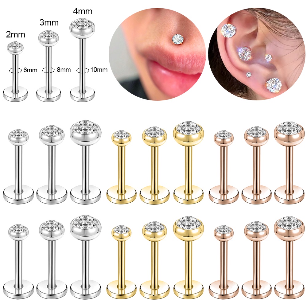 1 PC 2/3/4mm Crystal Stainless Steel Labret Piercing Gold Color Lip ...