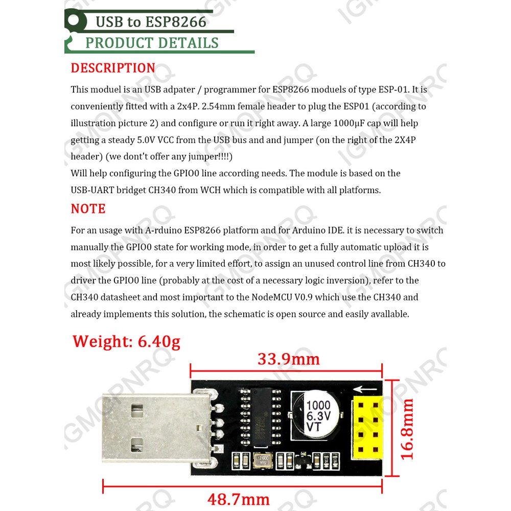 Esp01 Programmer Adapter Uart Gpio0 Esp 01 Adaptaterr Esp8266 Usb To