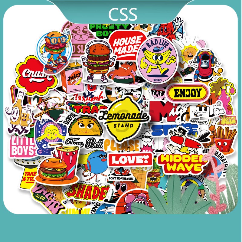 CSS.50Pcs/Set Food Text Mixed with Graffiti Waterproof Sticker Children ...