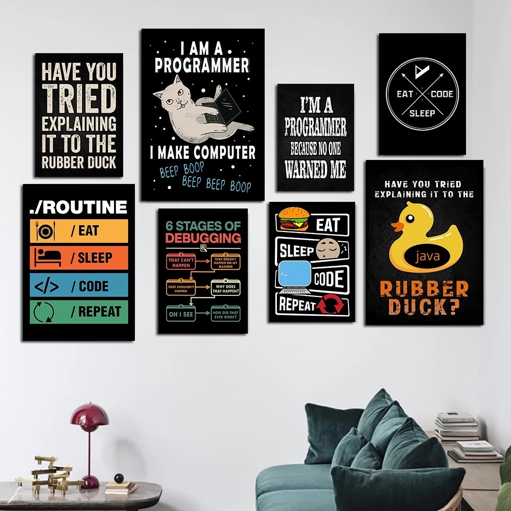 Canvas Poster Programmer Coding Cat and Duck Wall Art Painting Posters and Prints Nordic Wall ...