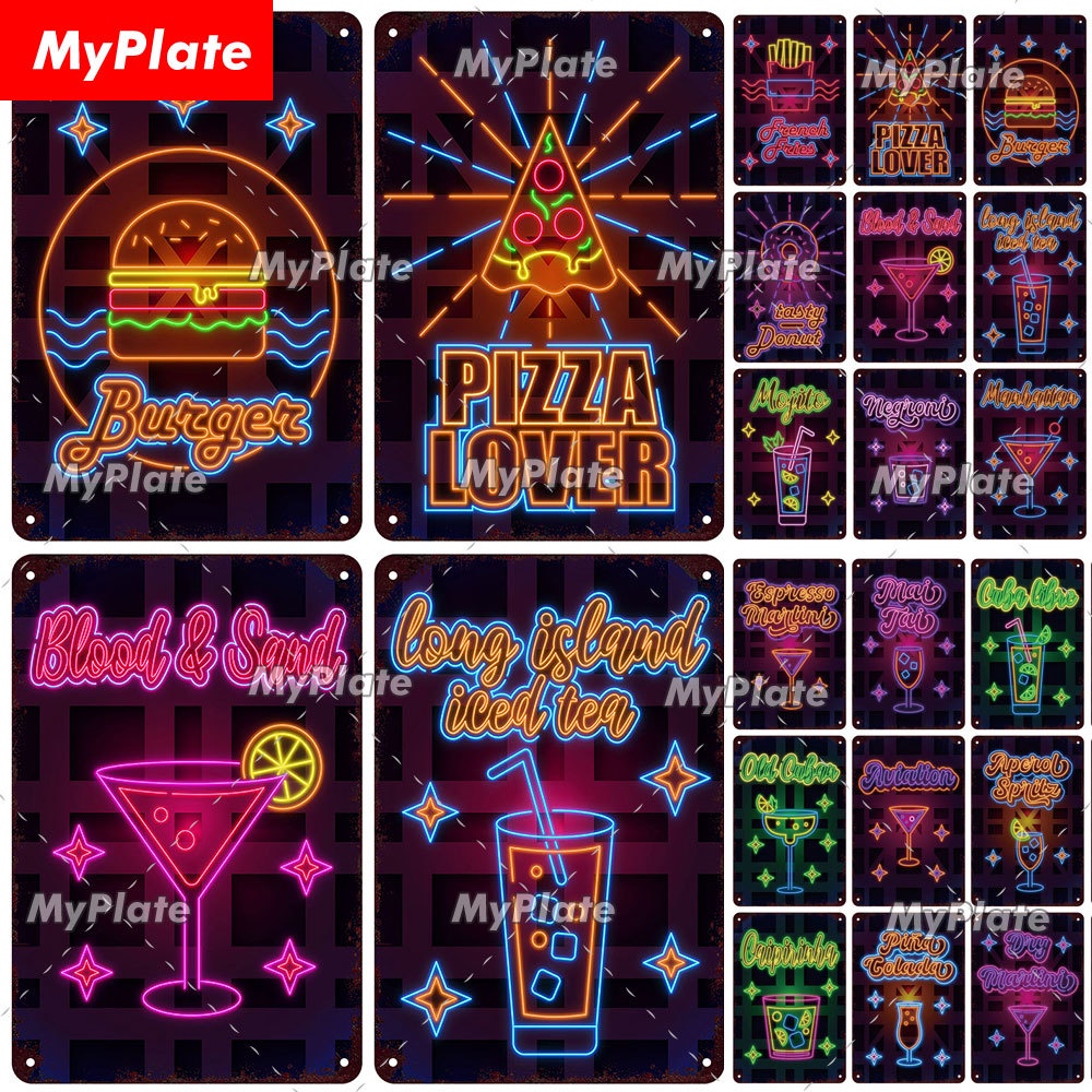 MyPlate Vintage Neon Pizza Cocktail Metal Sign Plaque Delicious Food ...