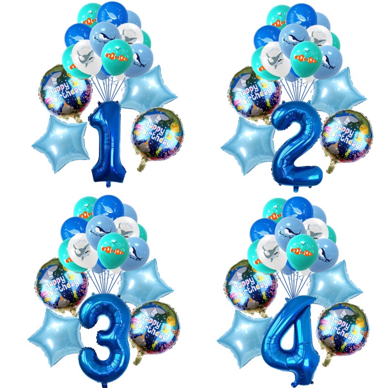 15pcs sea animals Foil Balloons shark fish Helium Number Globos Baby ...