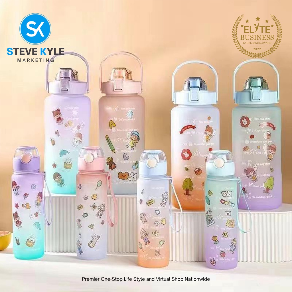 2in1 2L 2000mL + 700mL Set Pastel Motivational Tumbler Water Bottle with Time Marker & Straw-BPA ...