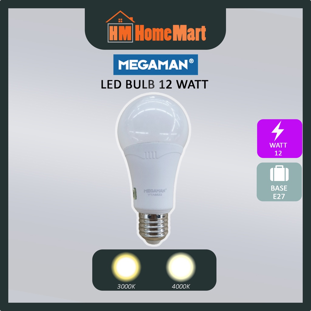MEGAMAN LED Bulb 12W (3000K/4000K) (SIRIM) (1 Year Warranty) | Shopee ...
