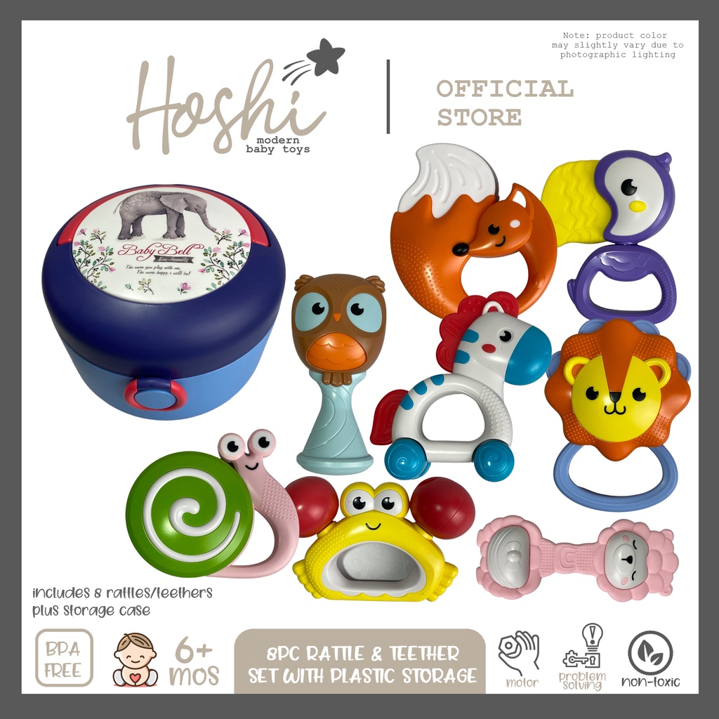 Hoshi Baby 8-Piece Rattle & Teether Set with Container, BPA-Free ...
