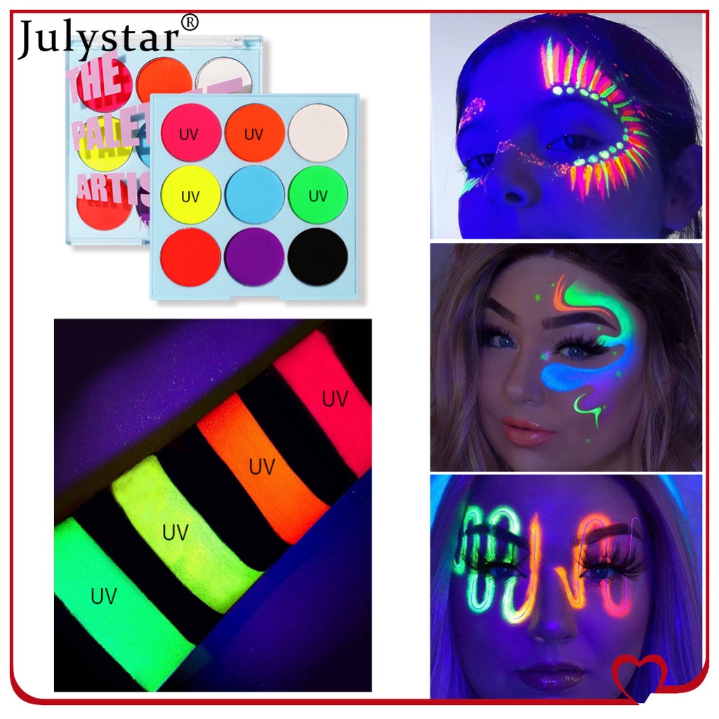 Julystar 9 Colors Uv Glow In Dark Fluorescent Eyeshadow Palette Stage Clubbing Neon Makeup