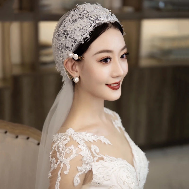Vintage Style Sweet Bridal Headdress Lace Veil Long Queen Fan Japanese ...