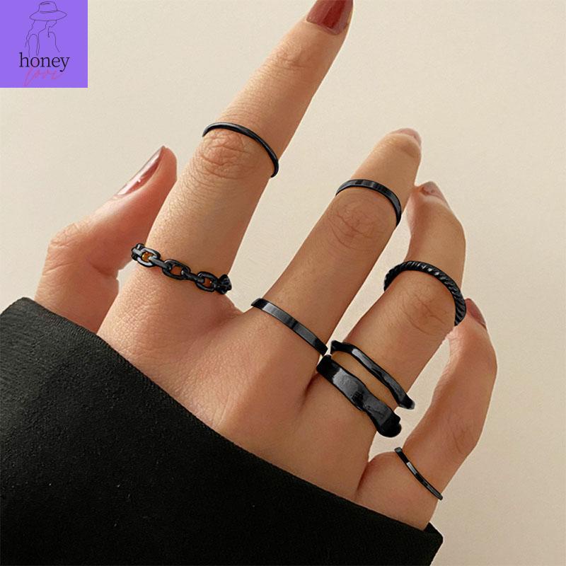 7-Piece ring set Black Joint Ring Creative Personality ComKorean ...