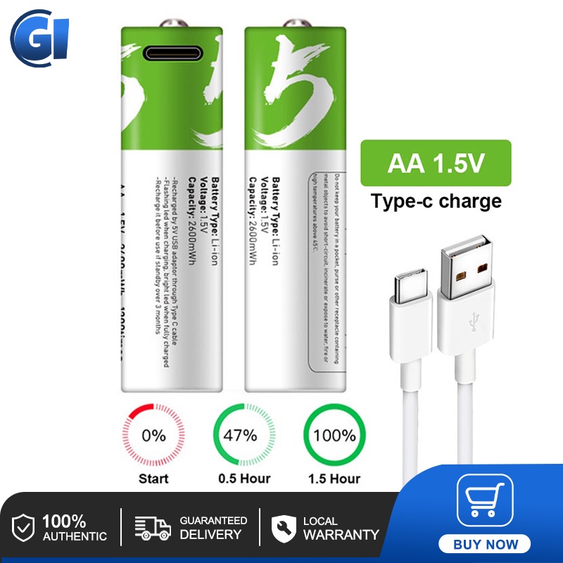 Smartoools Double A Lithium ion Type C AA AAA Battery 1.5V Rechargeable ...