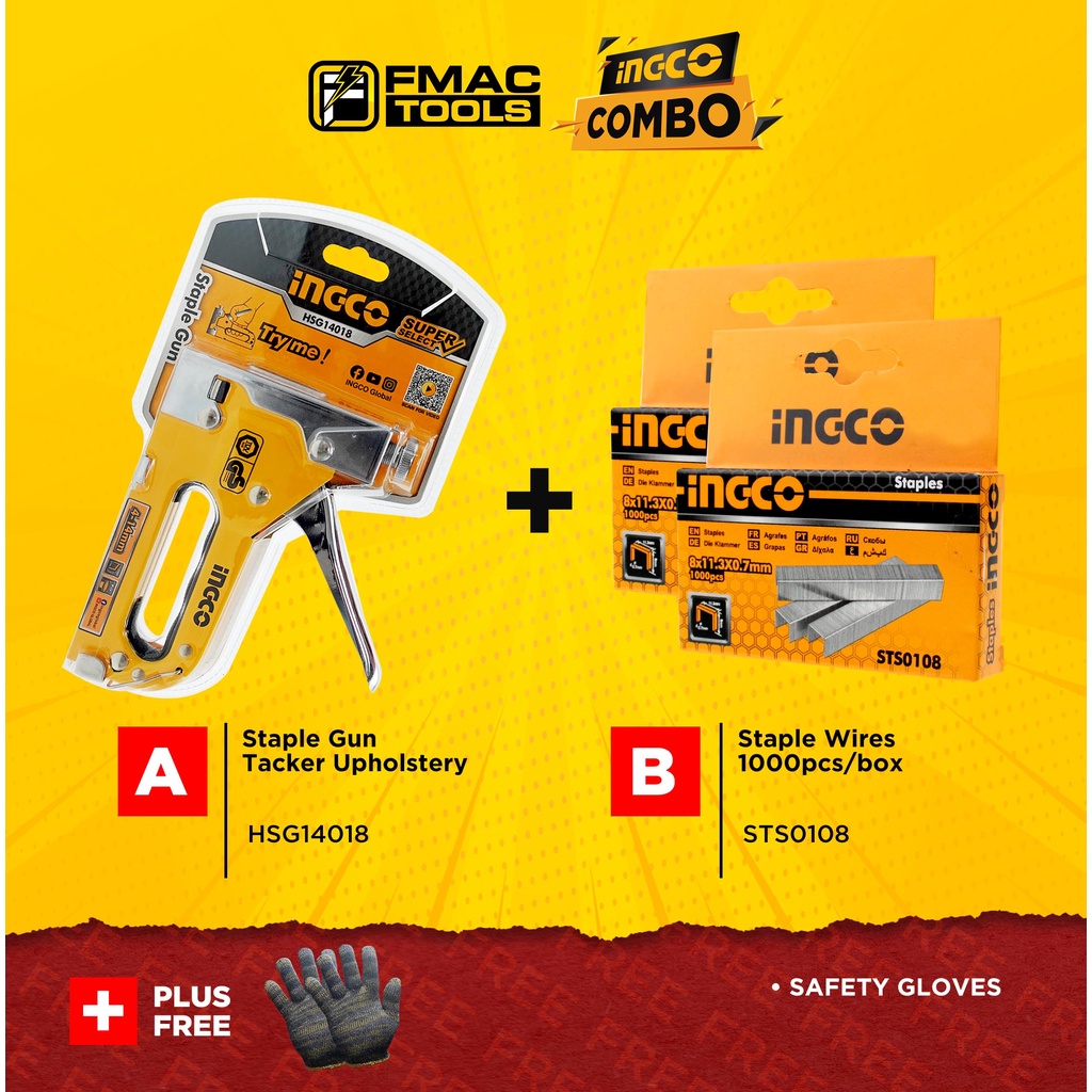 INGCO COMBO Staple Gun Tacker HSG14018 + Staple Wires 1000pcs/box ...