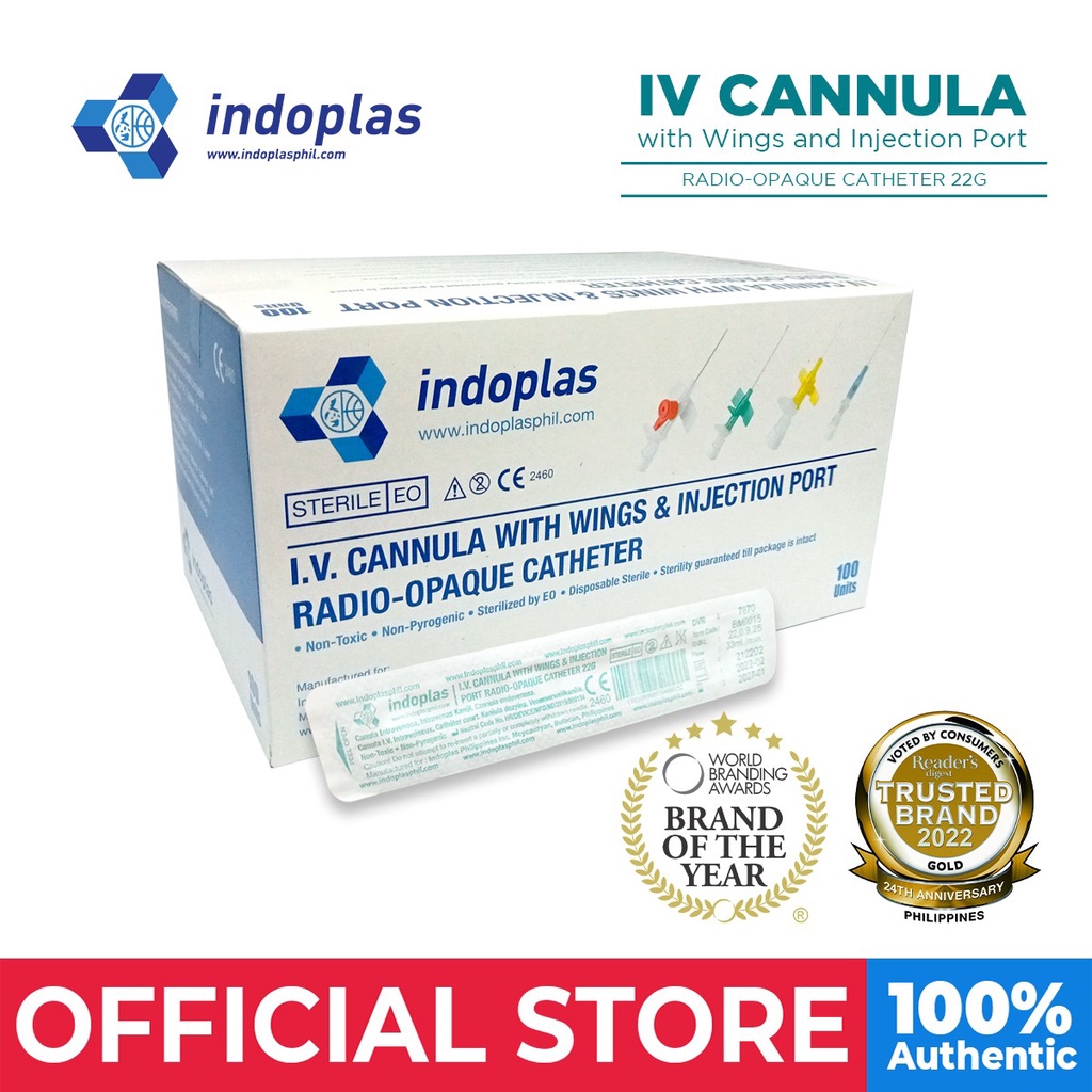 Indoplas 22G IV Cannula w/ wings & Injection Port - Box of 100 | Shopee Philippines