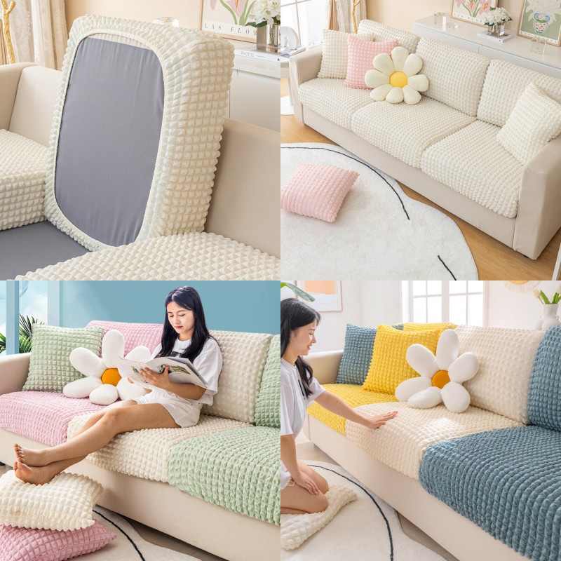 New seersuck Solid Color Stripes 1/2/3/4 Seater Sofa Seat Cushion Cover ...