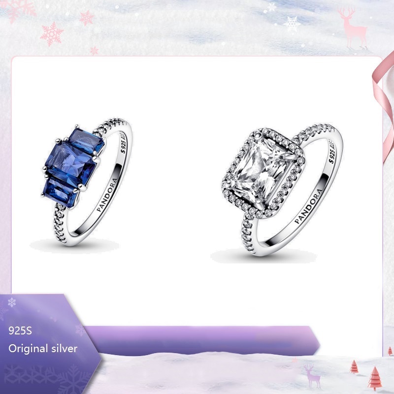 Pure 925s Silver Pandora Three Stone Rectangular Sparkling Blue Halo ...