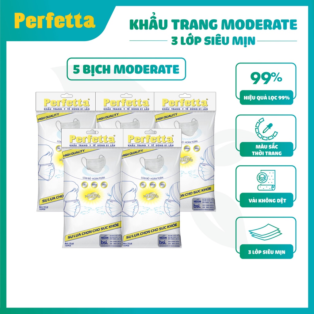 5 Packs of 3-Layer Perfetta Moderate Medical Masks White/Blue (10 ...