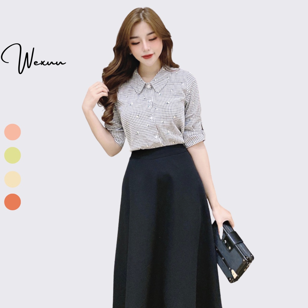 Women's checkered lotus collar shirt with WEXUU patterns, loose-sleeved ...
