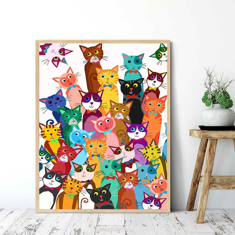 Funny Multi Cat Posters & Prints Cartoon Cute Pet Cat Canvas Art ...