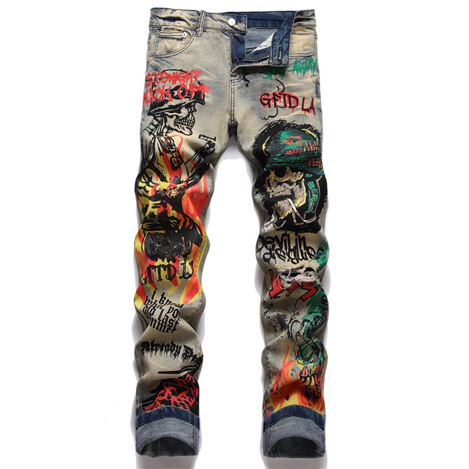 Man Skulls Distressed Punk Jeans Printed Slim Streetwear Hip Hop Ripped ...