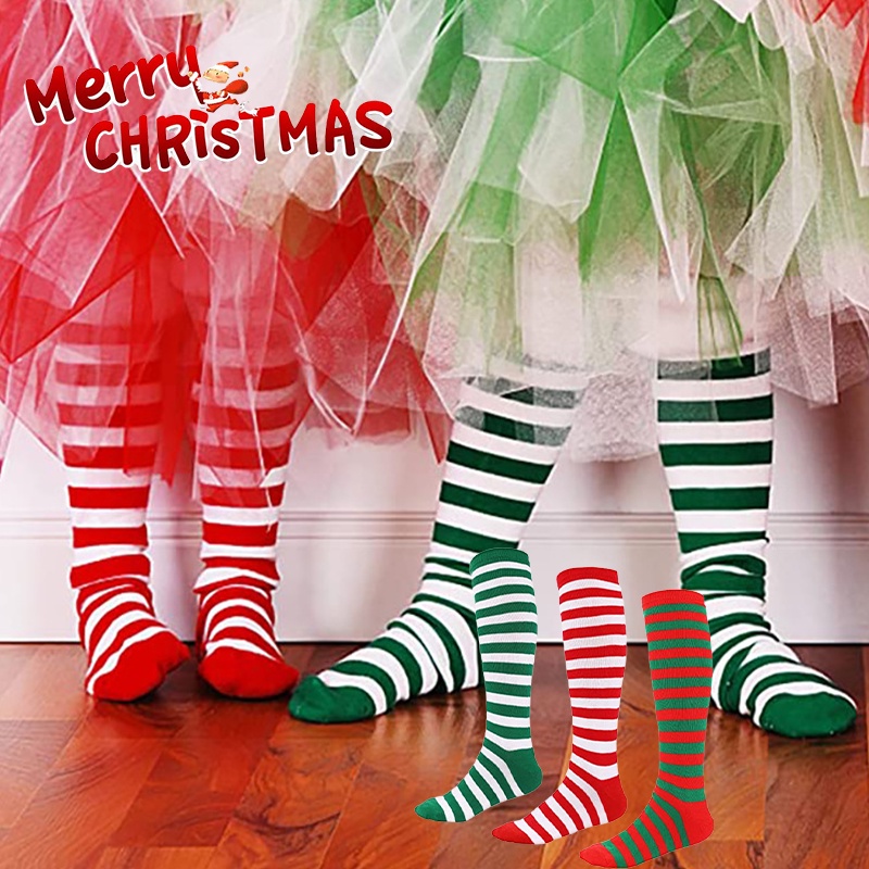 Kids Adult Long Striped Knee Socks Christmas Elf Socks Kids Women Thigh ...